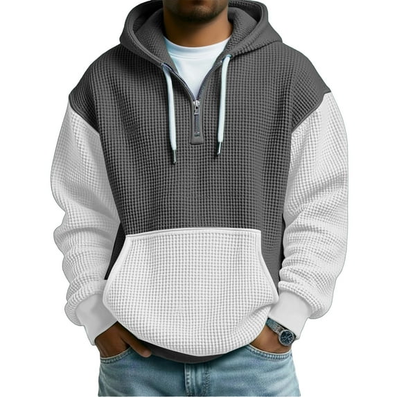 Men's Half Zip Hooded Waffle Leisure Sweatshirt, Thickened Fleece ...