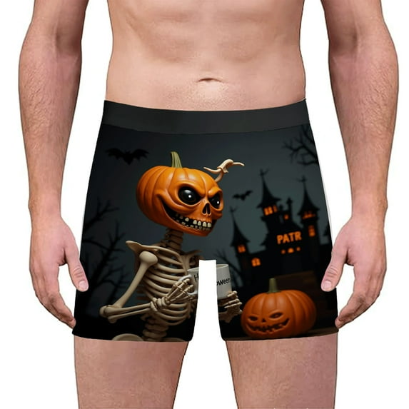 Men's Halloween Boxer Briefs - Cartoon Skeleton with Pumpkin Head ...