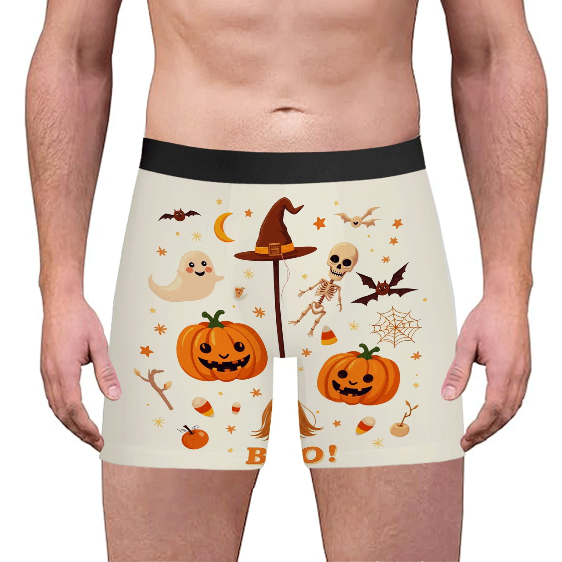 Men's Halloween Boxer Briefs - Fun Broomstick Pumpkins Ghosts Skeletons ...