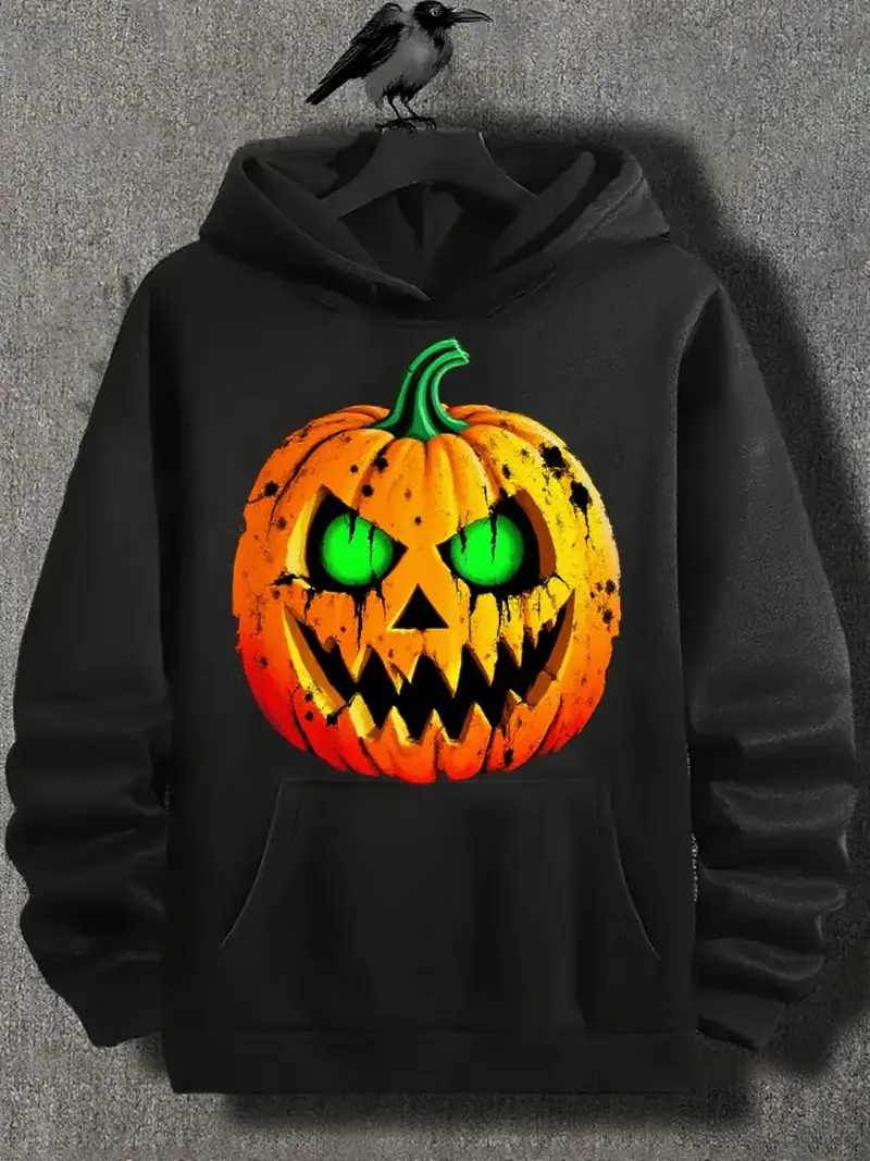 Men's Halloween Pumpkin Print Hoodie with Glowing Eyes & Jack-O-Lantern ...
