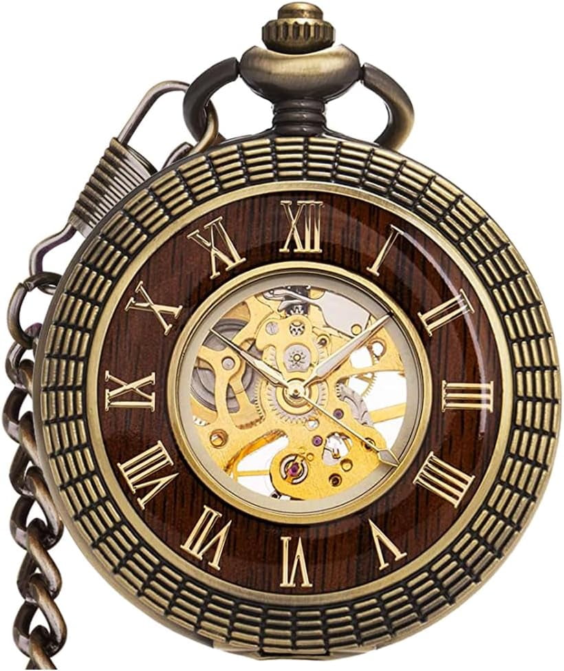 Men's Hand-Wind Mechanical Pocket Watch Vintage Steampunk Wood Grain ...