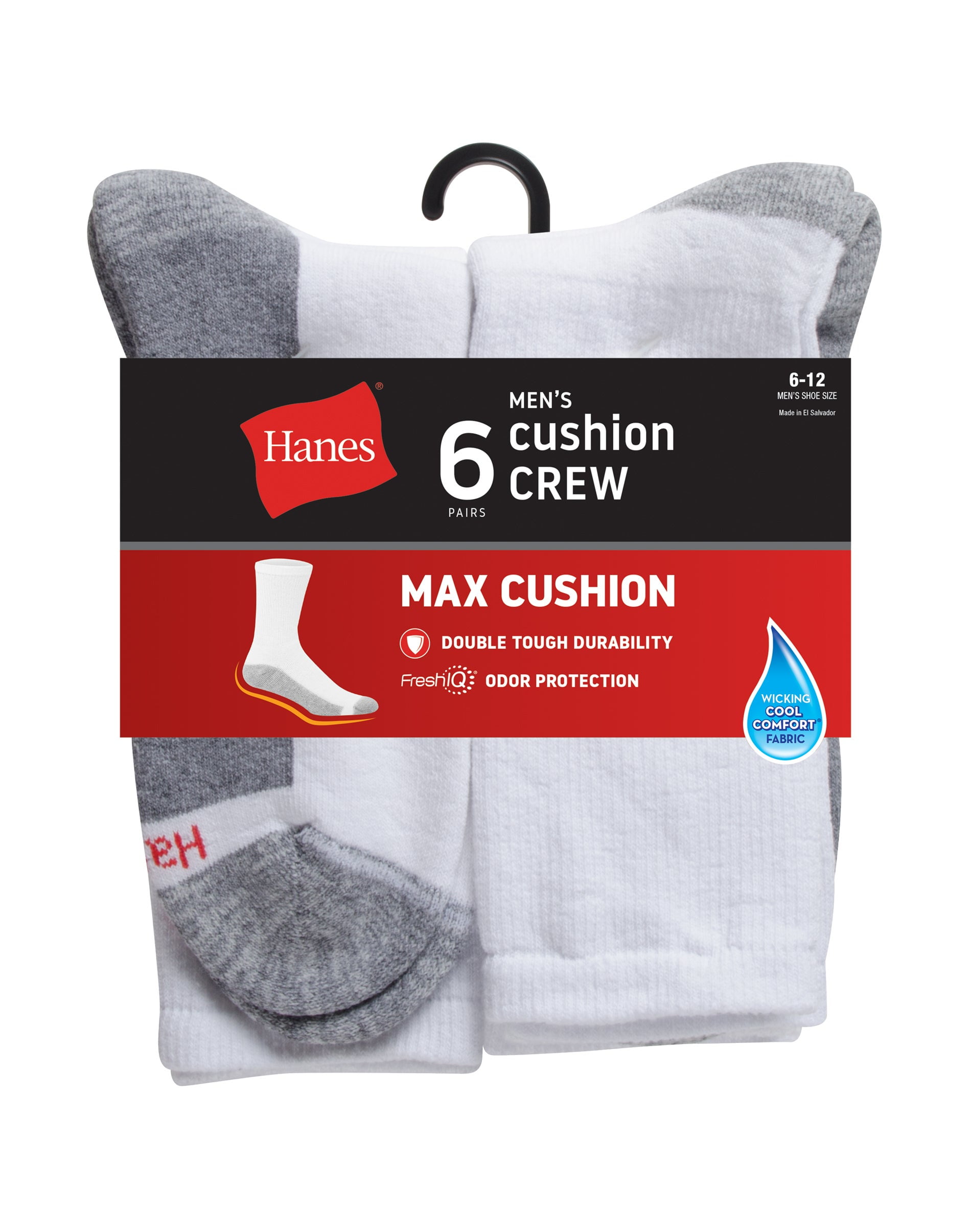 Hanes 6-Pack Men's Crew Socks Max Cushion Cool Comfort Wicking Odor ...