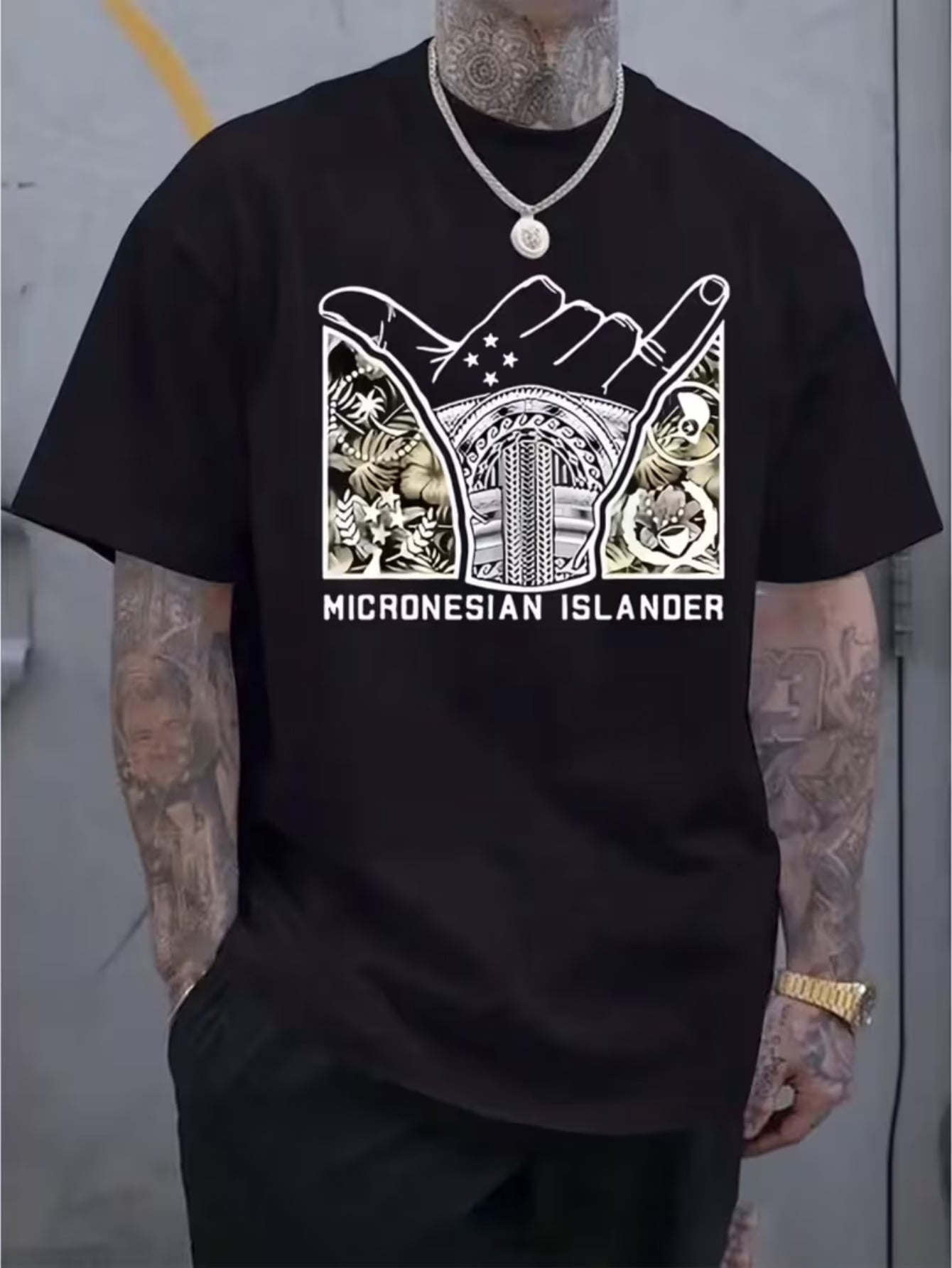 Men's Hawaiian Tribal Print T-Shirt - Tropical Palm Tree & Hibiscus ...
