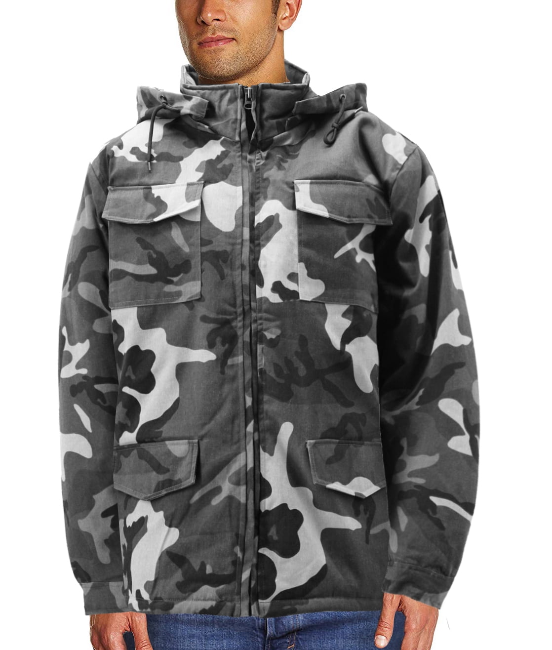 Men's Heavyweight Army Hunting Camo Removable Hood Quilted Insulated ...