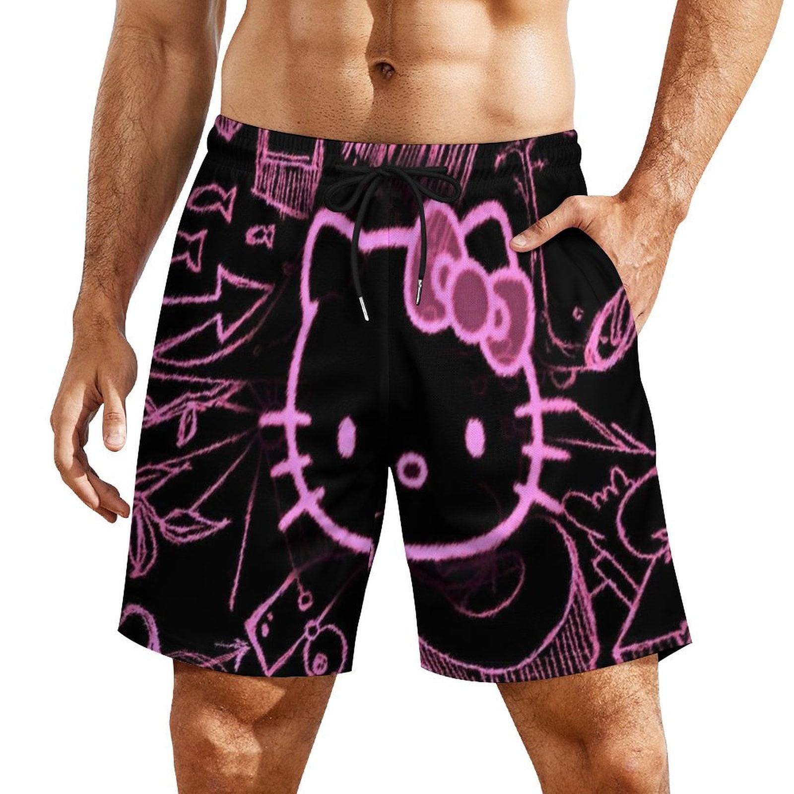 Men's Hello Kitty Beach Shorts With Compression Liner Swim Trunks Quick ...