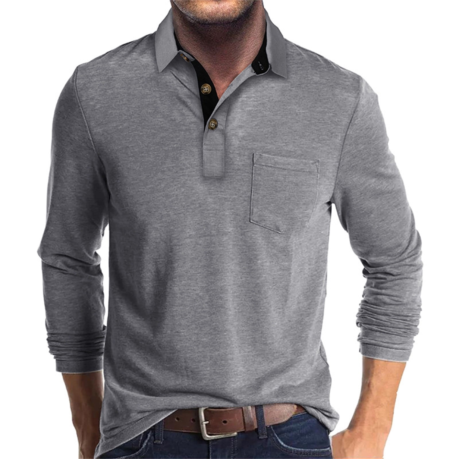 Men s Shirts Long Sleeve Cotton 3 Button Casual Collared T Shirt Winter ...