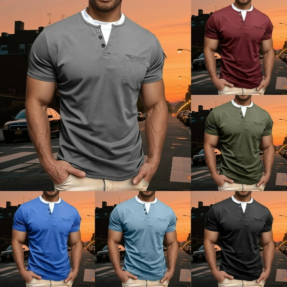 Men's Henley Shirts Long Sleeve T-Shirt Casual V Neck Solid Color ...