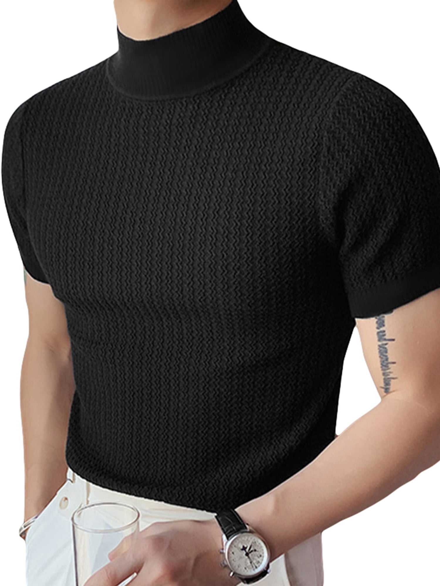 Men's High Neck Knit Tops, Solid Short Sleeve Slim Ribbed T-Shirt ...