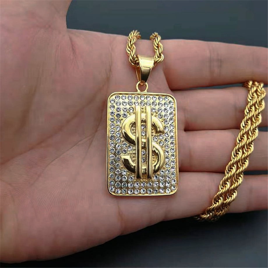Men's Hip Hop Iced Out Dollar Sign Money Rich Pendant Necklace 14K ...