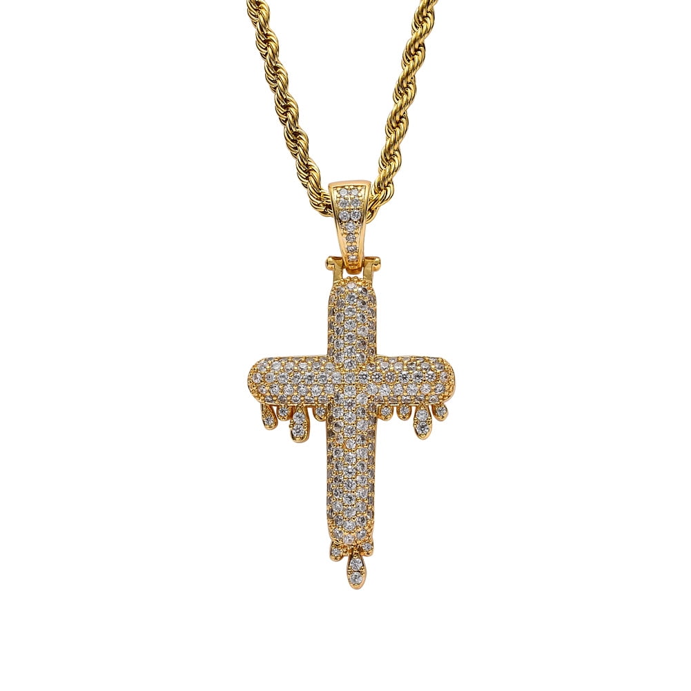Men's Hip Hop Religious Drop Cross Pendant 14K Yellow Gold Cubic Zircon ...