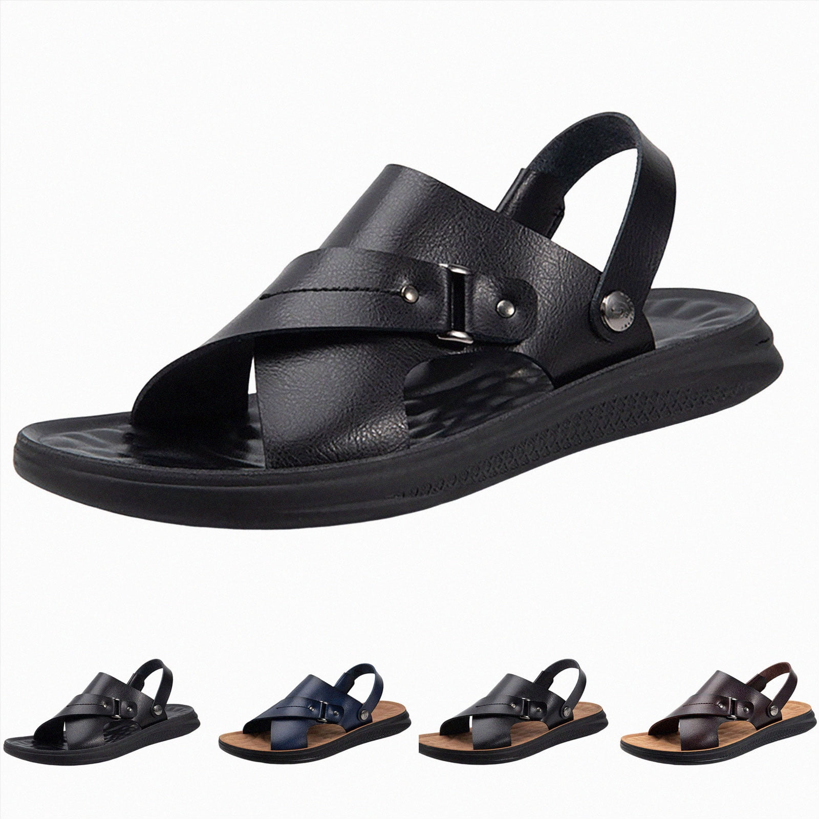 Men's Home Slippers Leather Open Toe Slides 2026 Footwear Round Slip on ...
