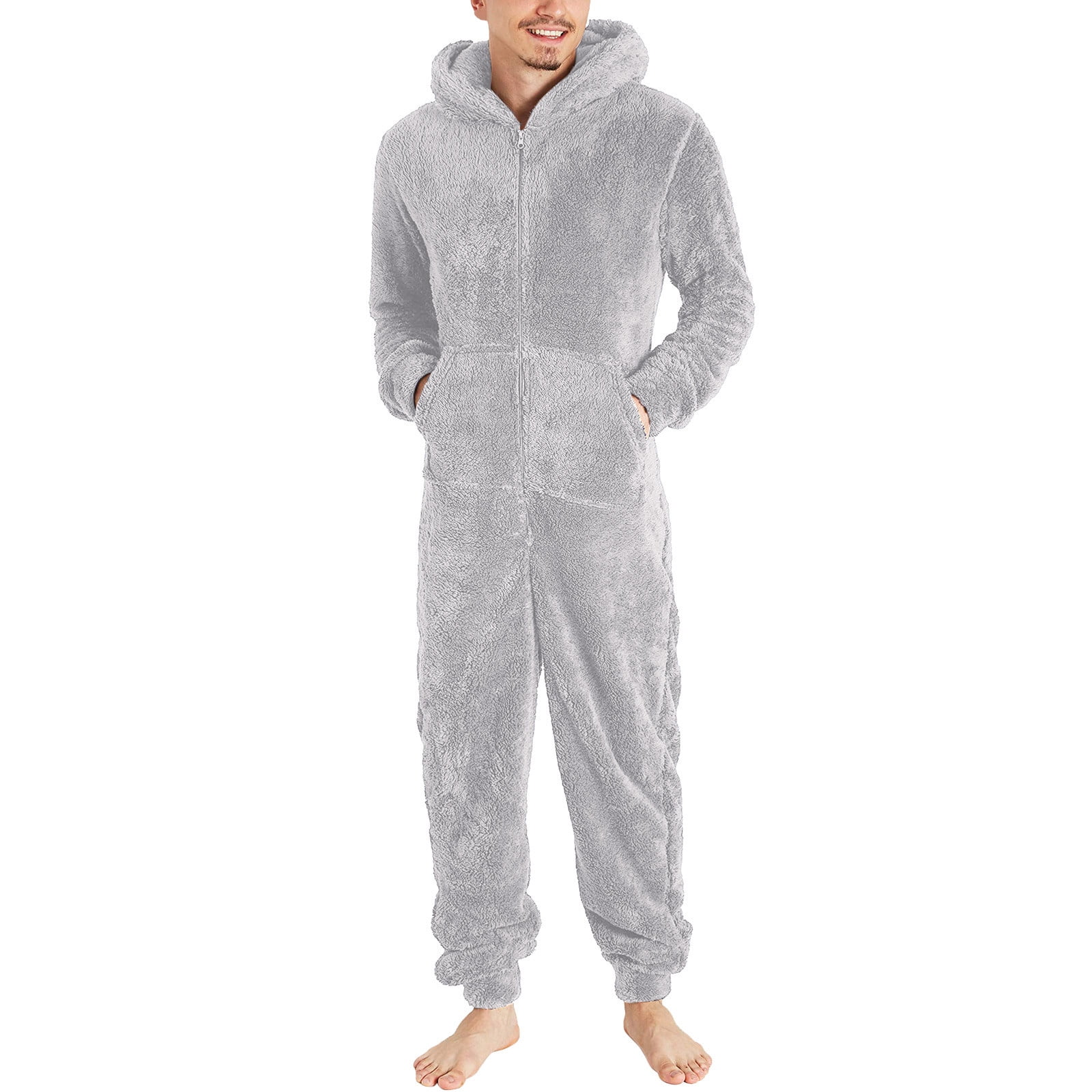 Men's Hooded Onesie Pajamas Lightweight Fuzzy Fleece Zip Up Jumpsuit ...