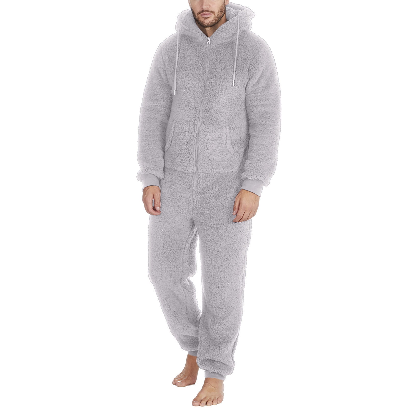 Men's Hooded Onesie Pajamas Lightweight Fuzzy Fleece Zip Up Jumpsuit ...