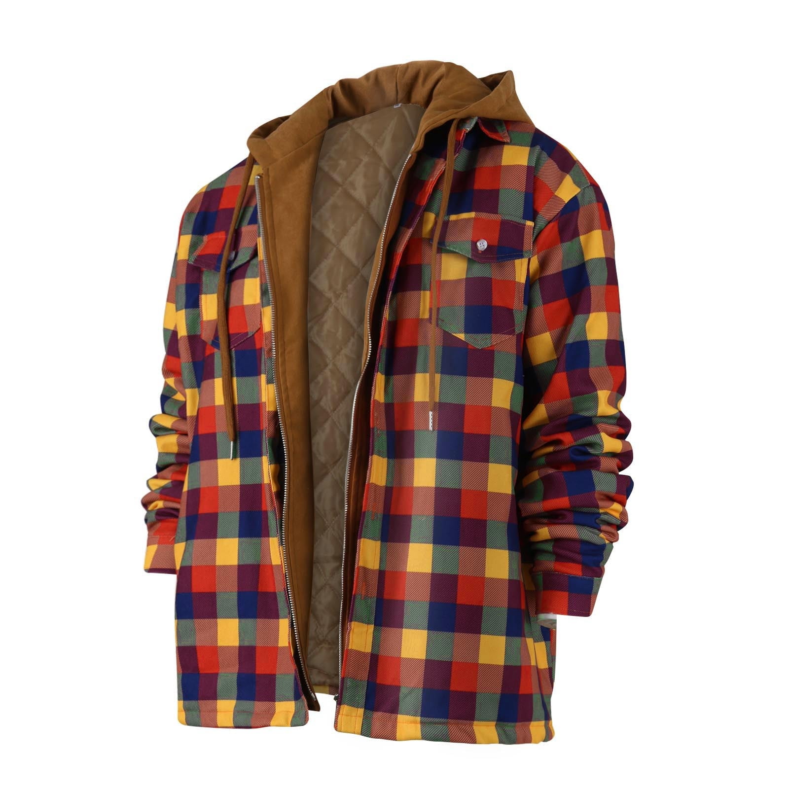 Men's Hooded Quilted Lined Flannel Shirt Jacket, Long Sleeve Plaid ...