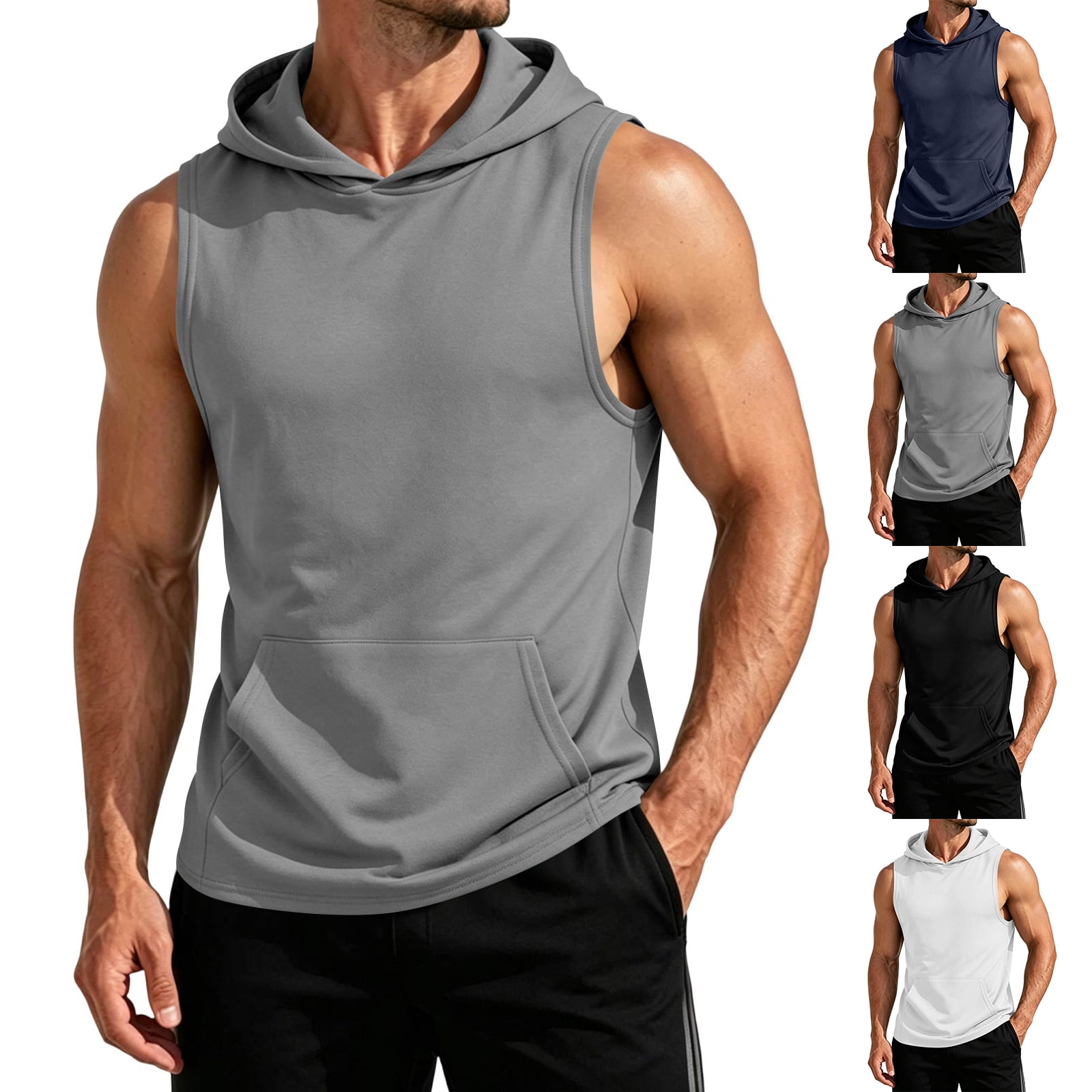Men's Hooded Tank Top Sleeveless Hoodies Lightweight Casual Gym Workout ...