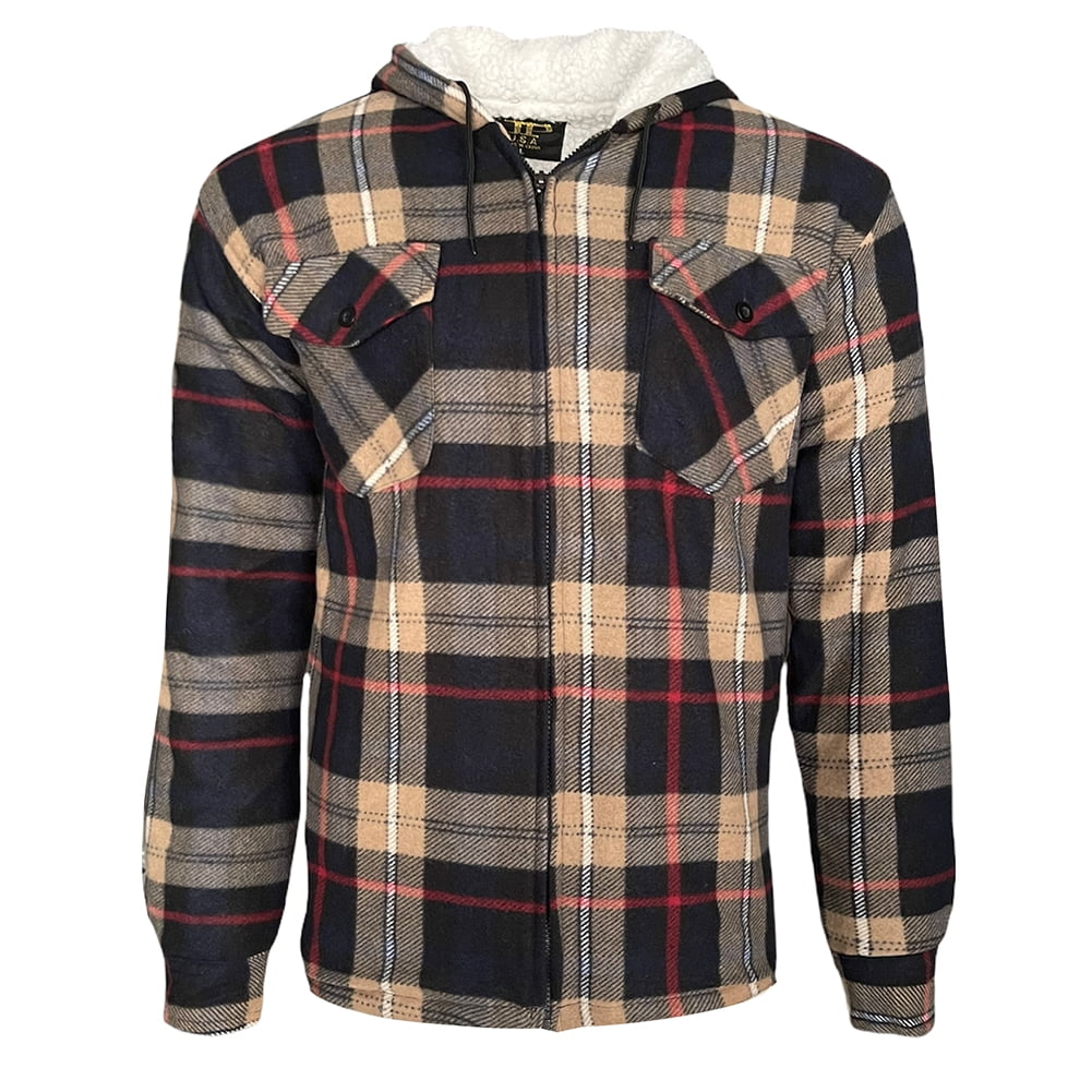 Men's Hoodie Plaid Long Sleeve Warm Sherpa Lined Full Zip Up Hooded ...