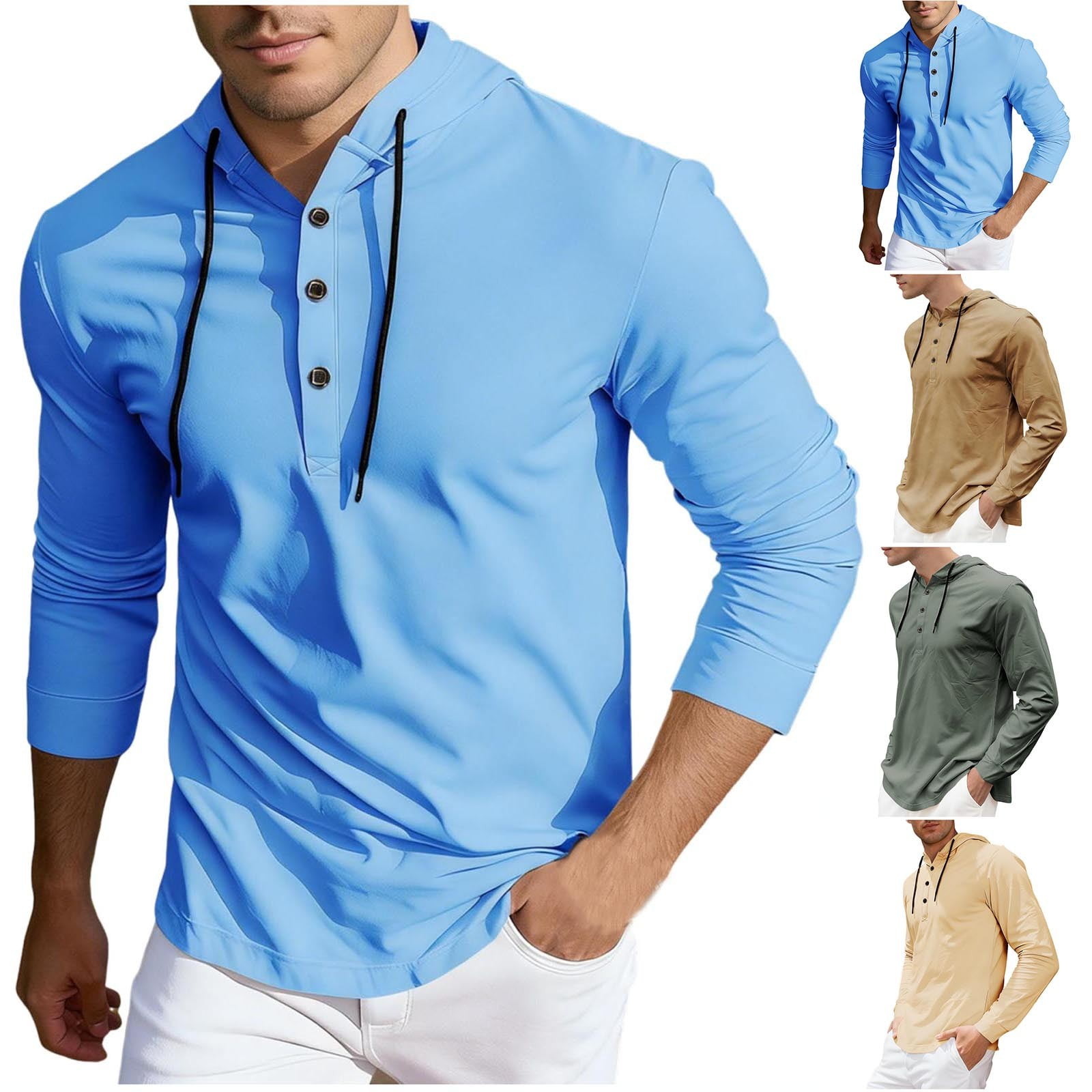 Men's Hoodie Polyester Blend Long Sleeve Hooded Pullover Button ...