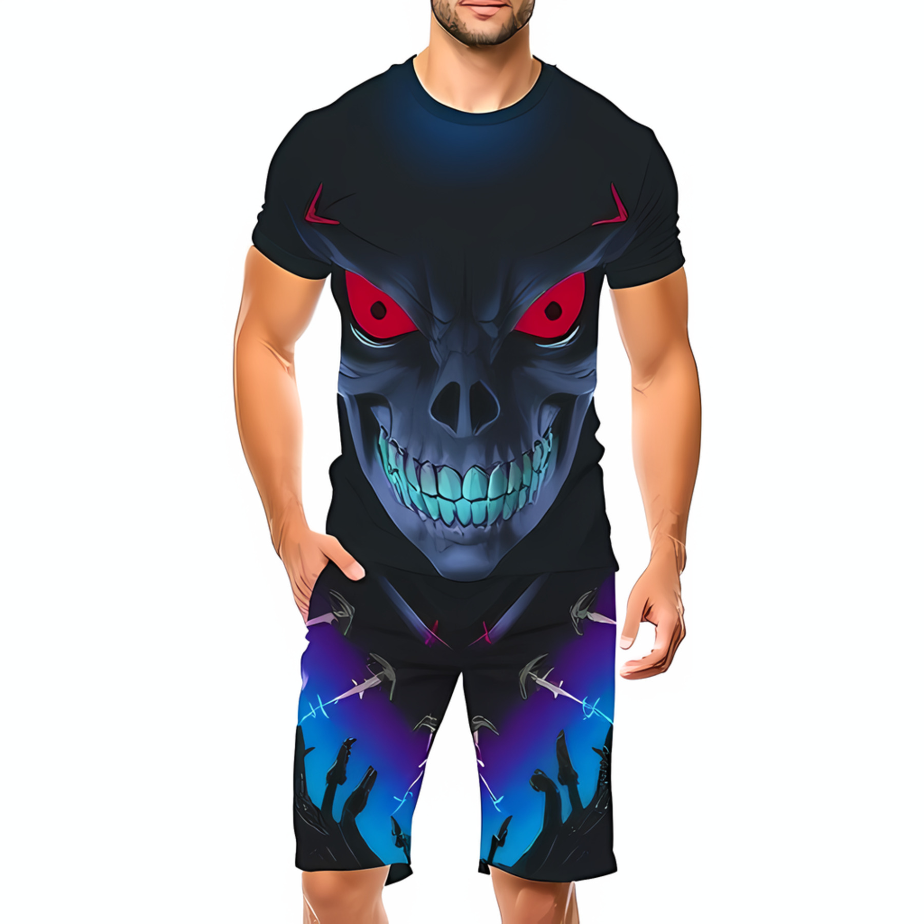 Men's Horror & Whimsy T-Shirt and Shorts Set - Design with Glowing Eyes ...