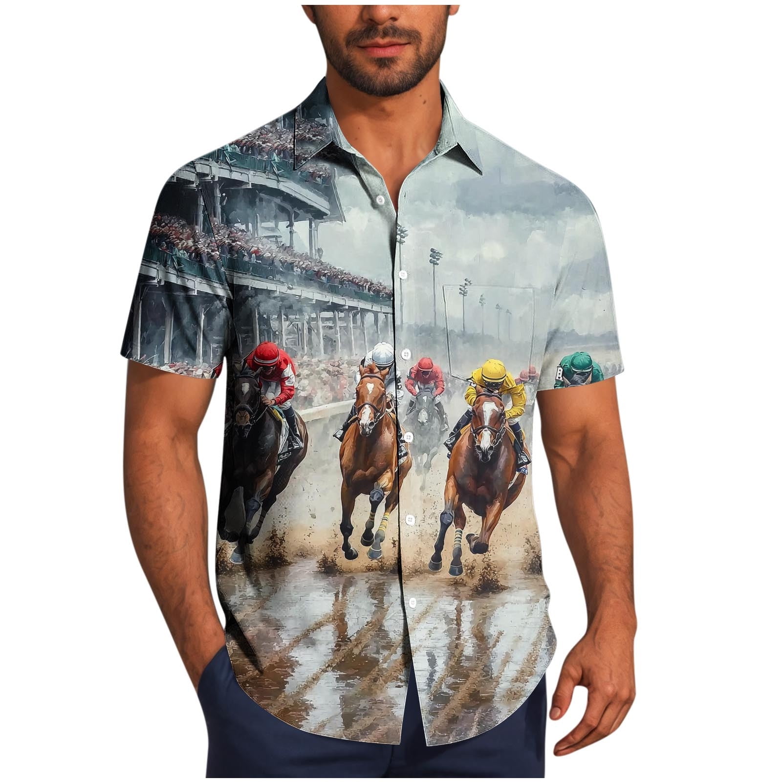 Men's Horse Racing Print Hawaiian Shirts Short Sleeve Button Down Tops ...