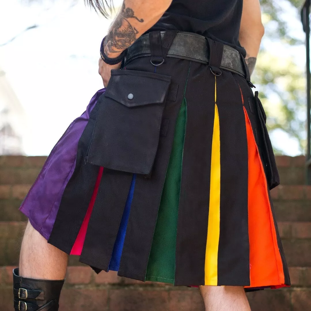 Men's Hybrid Black and Rainbow Utility Cargo Kilt, Stylish & Durable ...