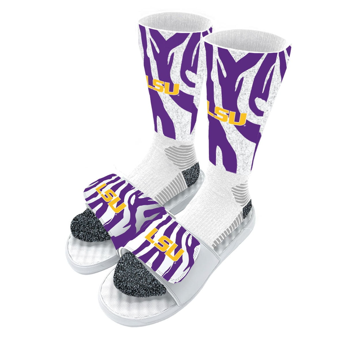 Men's ISlide White LSU Tigers Tiger Stripe Sock & Slide Bundle ...