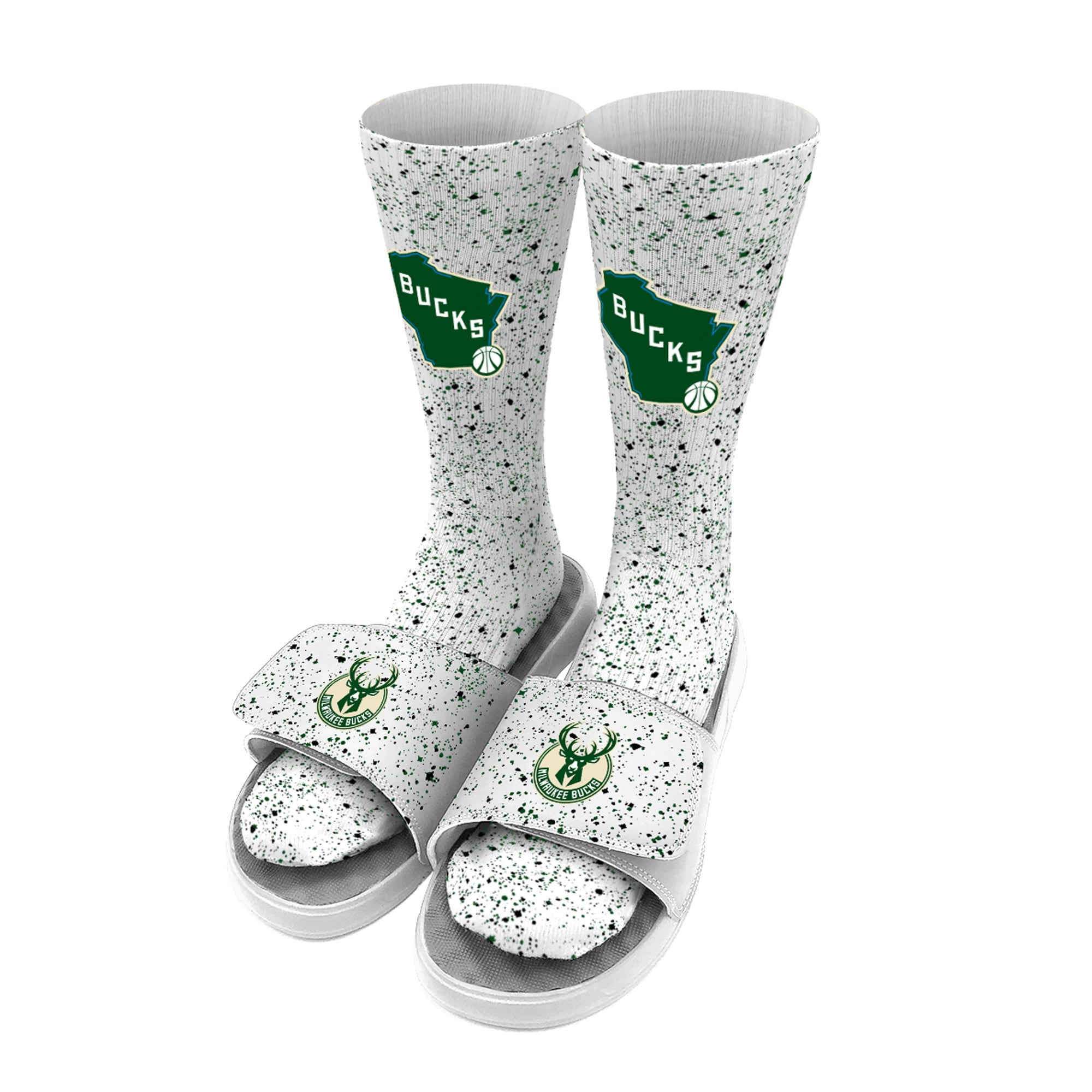 Men's ISlide White Milwaukee Bucks Team Logo Speckle Socks & Slide ...