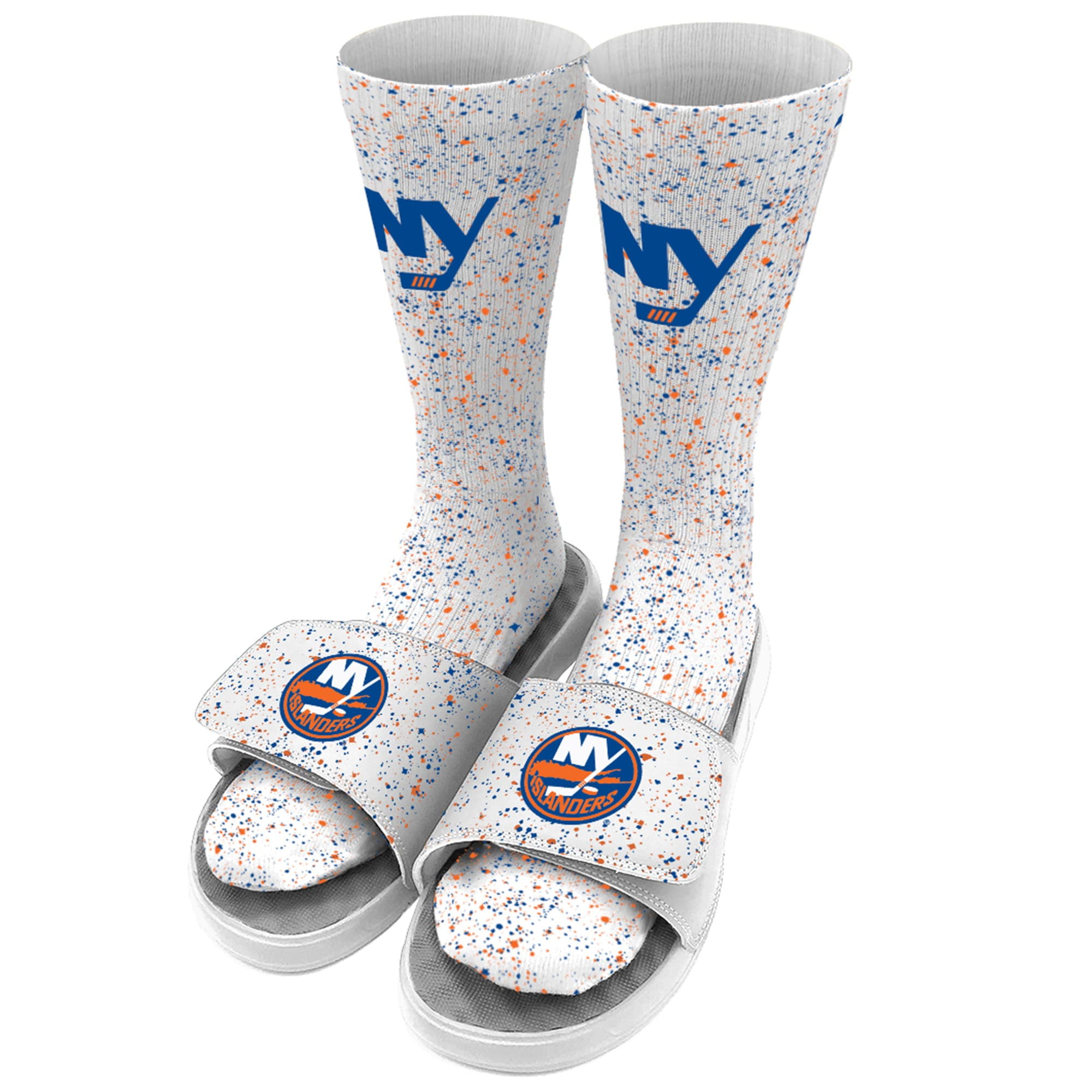 Men's ISlide White New York Islanders Speckle Socks & Slide Sandals ...