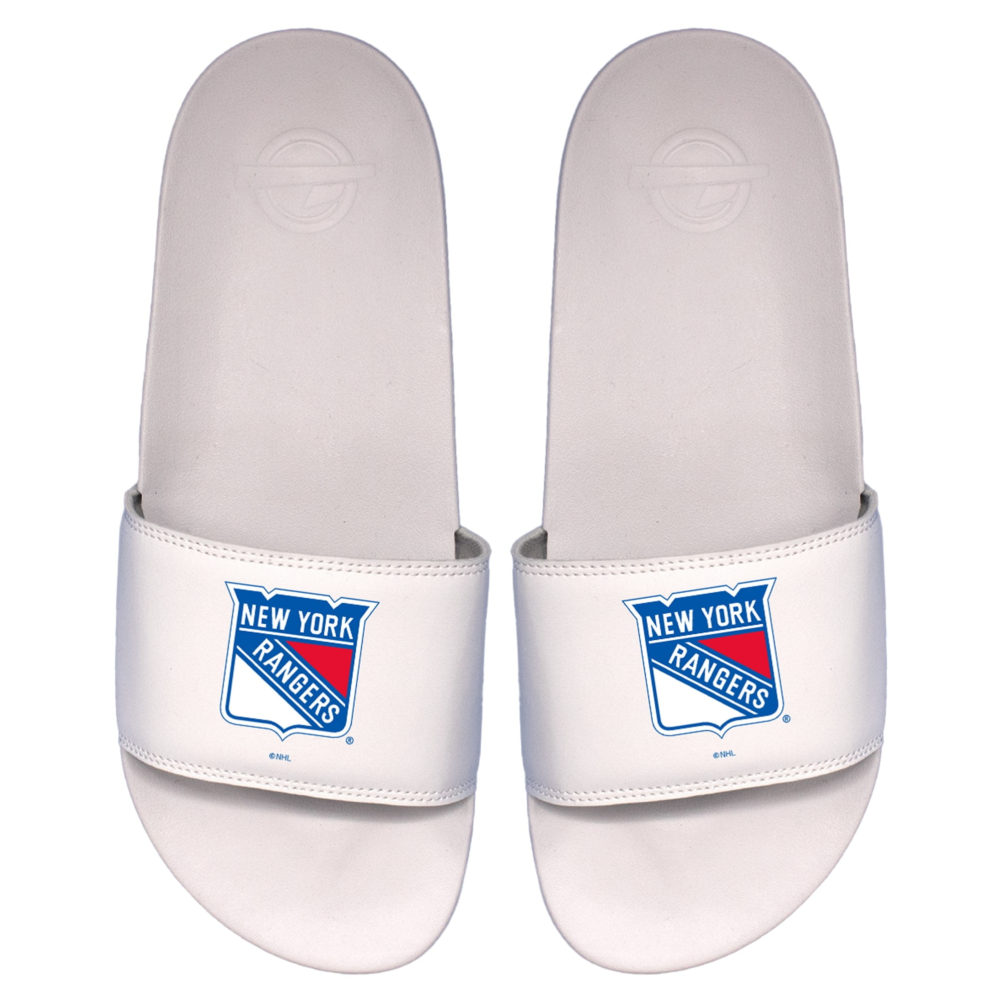 Men's ISlide White New York Rangers Primary Logo Motto Slide Sandals ...