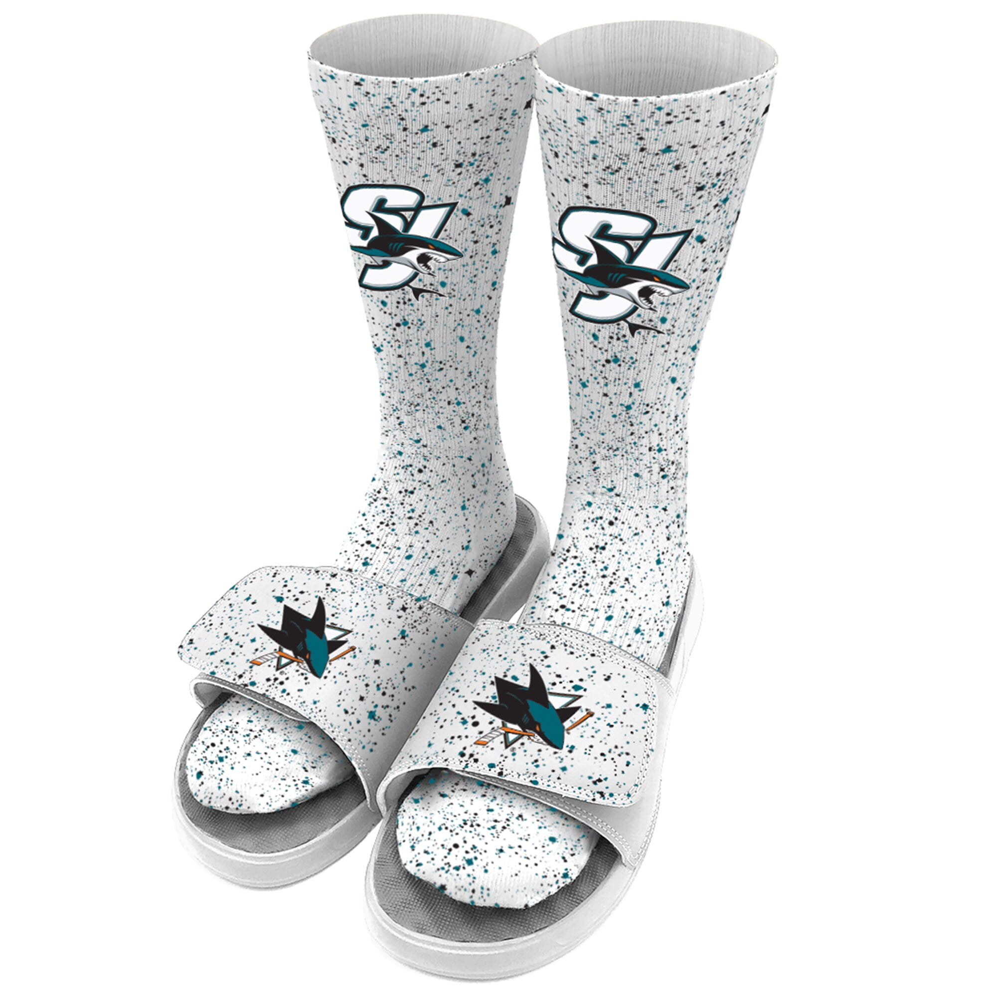 Men's ISlide White San Jose Sharks Speckle Socks & Slide Sandals Bundle ...