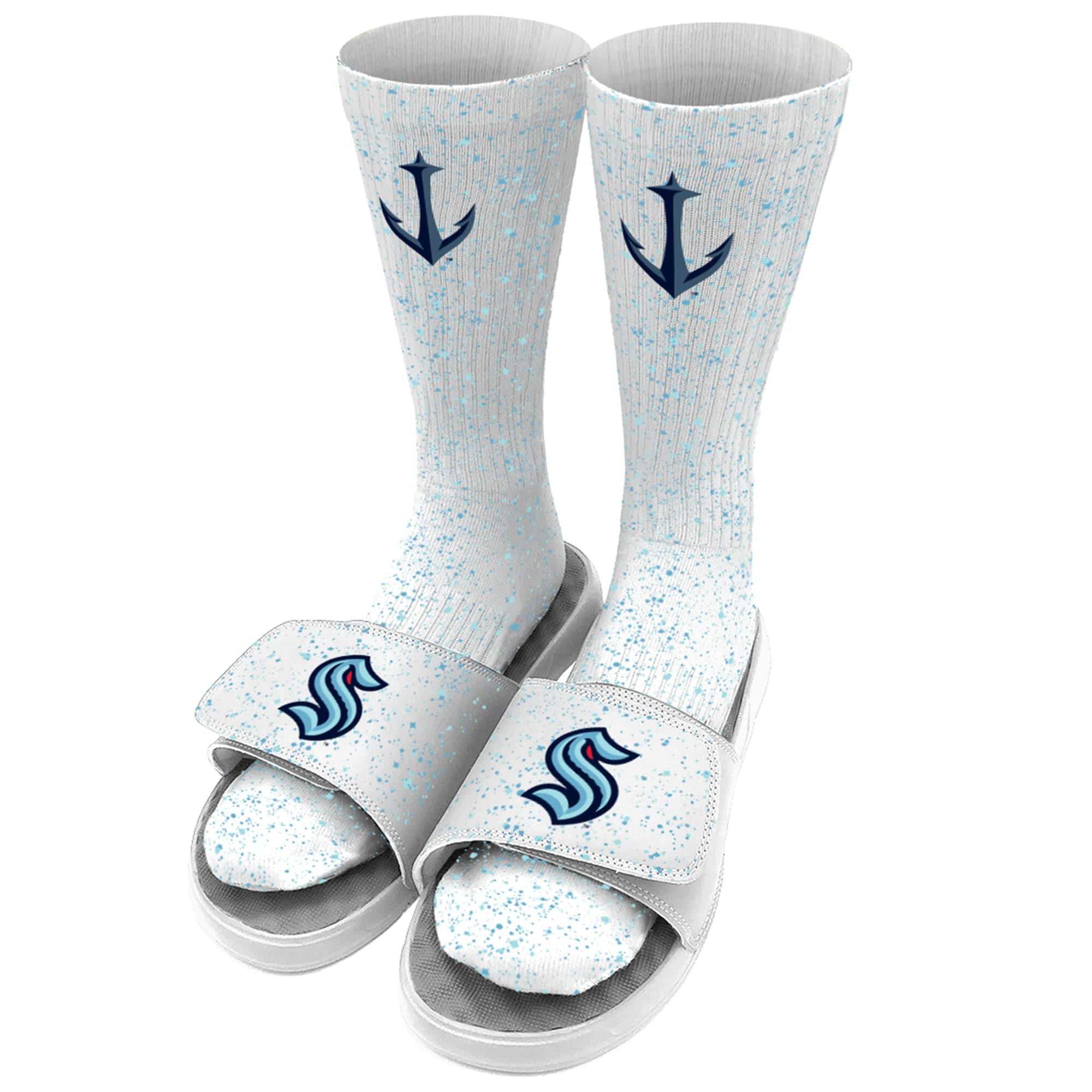 Men's ISlide White Seattle Kraken Speckle Socks & Slide Sandals Bundle ...