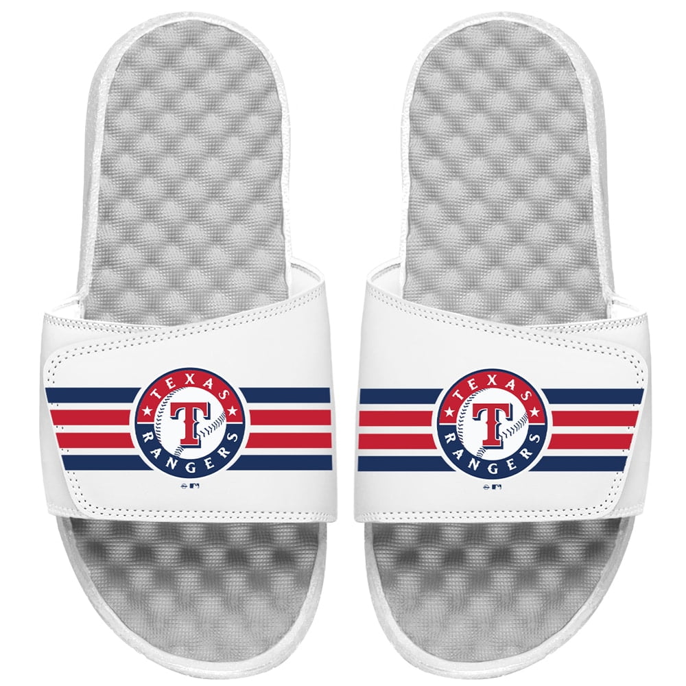 Men's ISlide White Texas Rangers Varsity Stripes Slide Sandals ...
