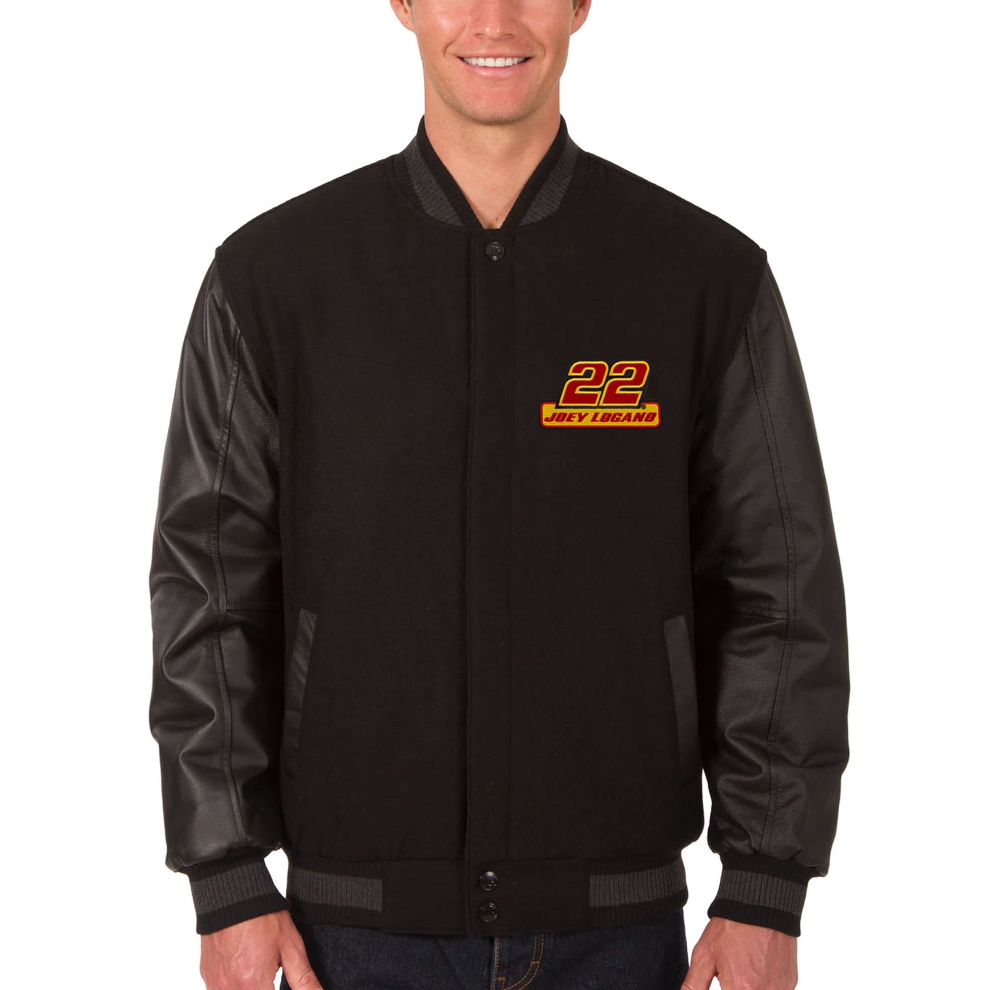 Men's JH Design Black Joey Logano Wool & Leather Varsity Jacket ...