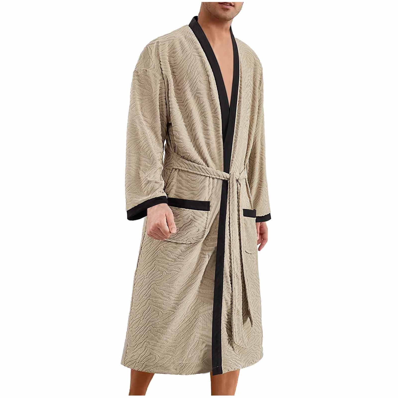 Men’s Jacquard Long Bathrobe Thermal Plush Soft Pajama Robe Long Sleeve ...