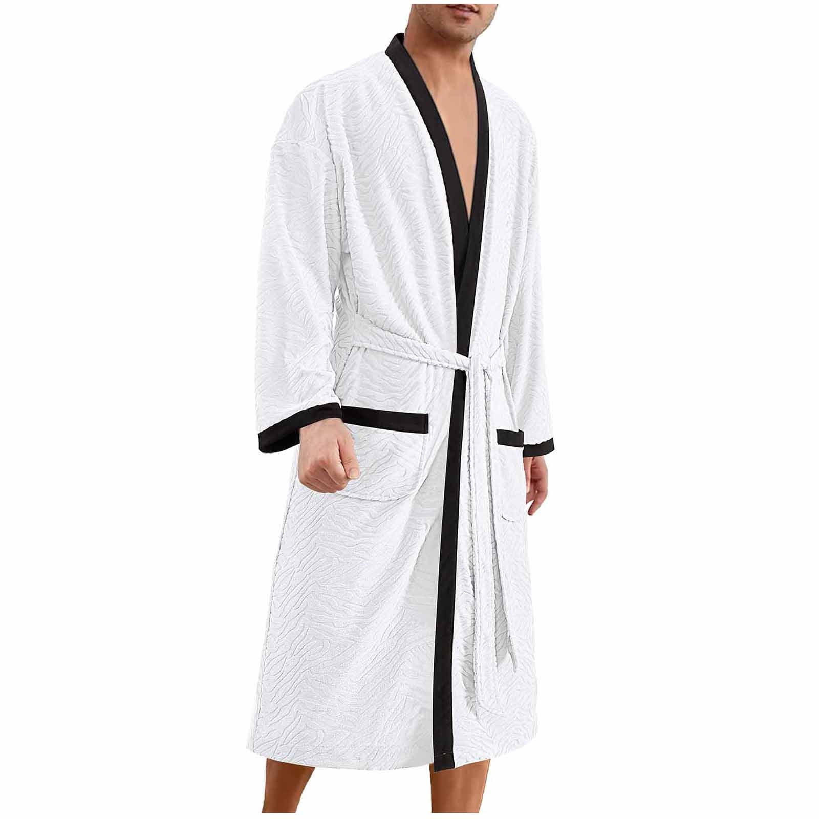Men’s Jacquard Long Bathrobe Thermal Plush Soft Pajama Robe Long Sleeve ...