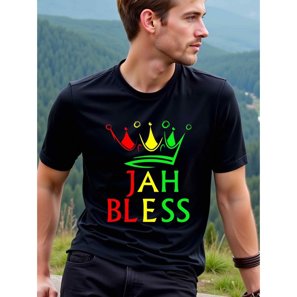 Men's Jah Bless Crown Graphic Tee, 100% Cotton, Crew Neck, Short Sleeve ...