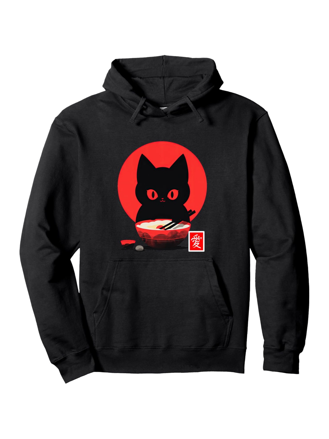 Men's Japanese Ramen Cat Hoodie - Black Pullover Sweatshirt with Red ...