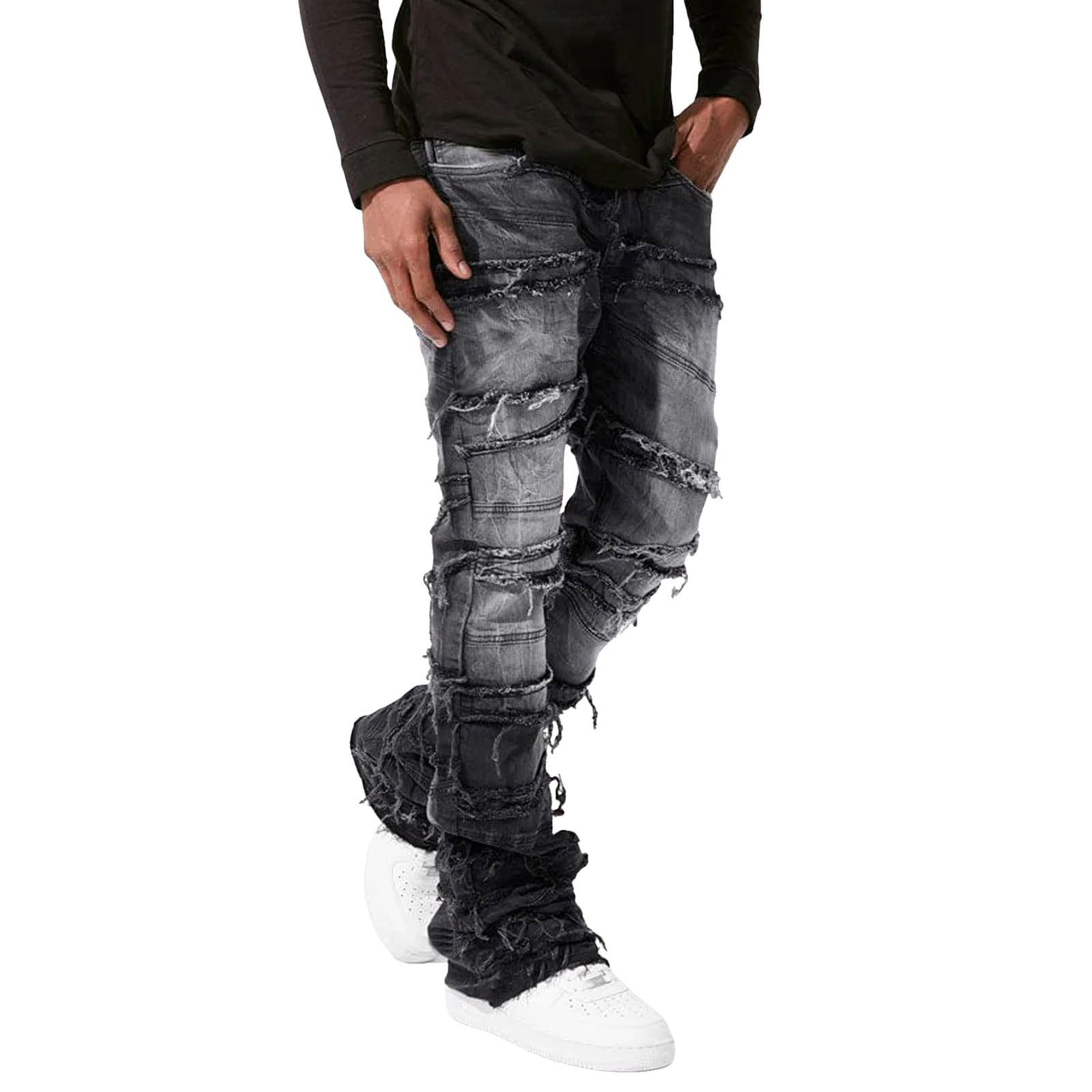 Men's Jeans Men Stretch Fit Skinny Stacked Ripped Jeans Slim Fit Patch ...