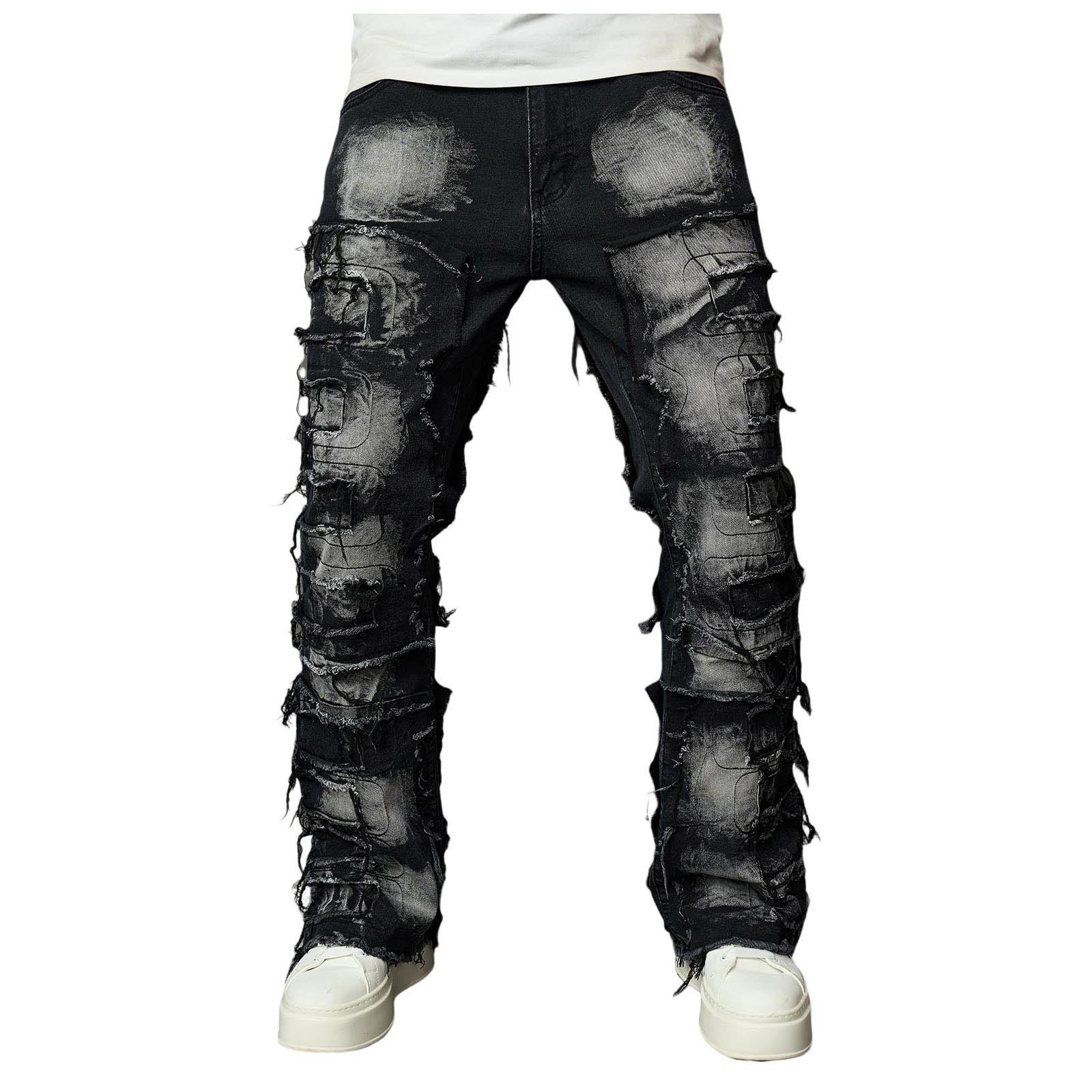 Men's Jeans Ripped Patch Slim Fit Hop Bootcut Trousers Street Style ...