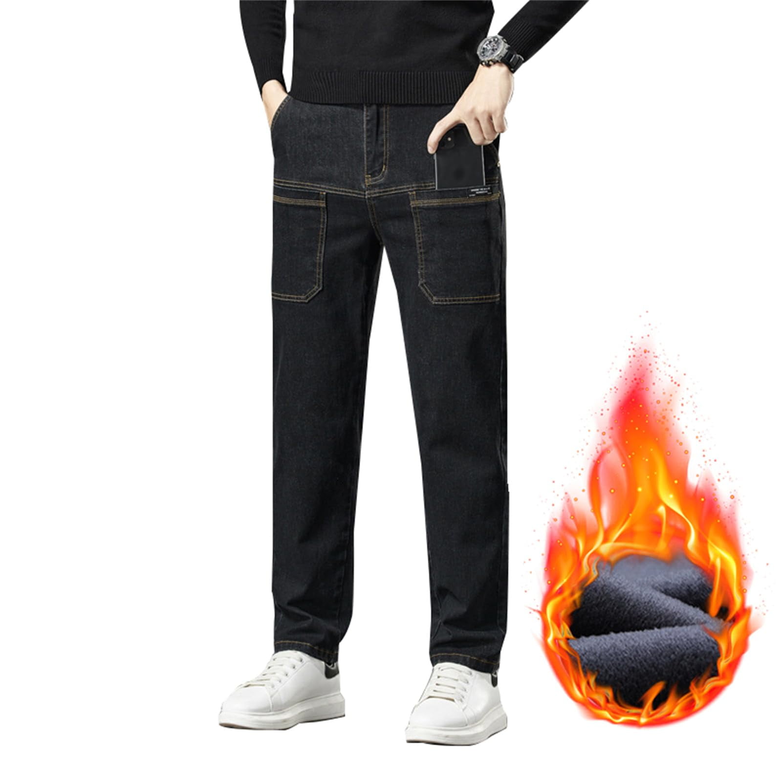 Men's Jeans Stretch Winter Thermal Pants Slim Fit Thicken Warm ...