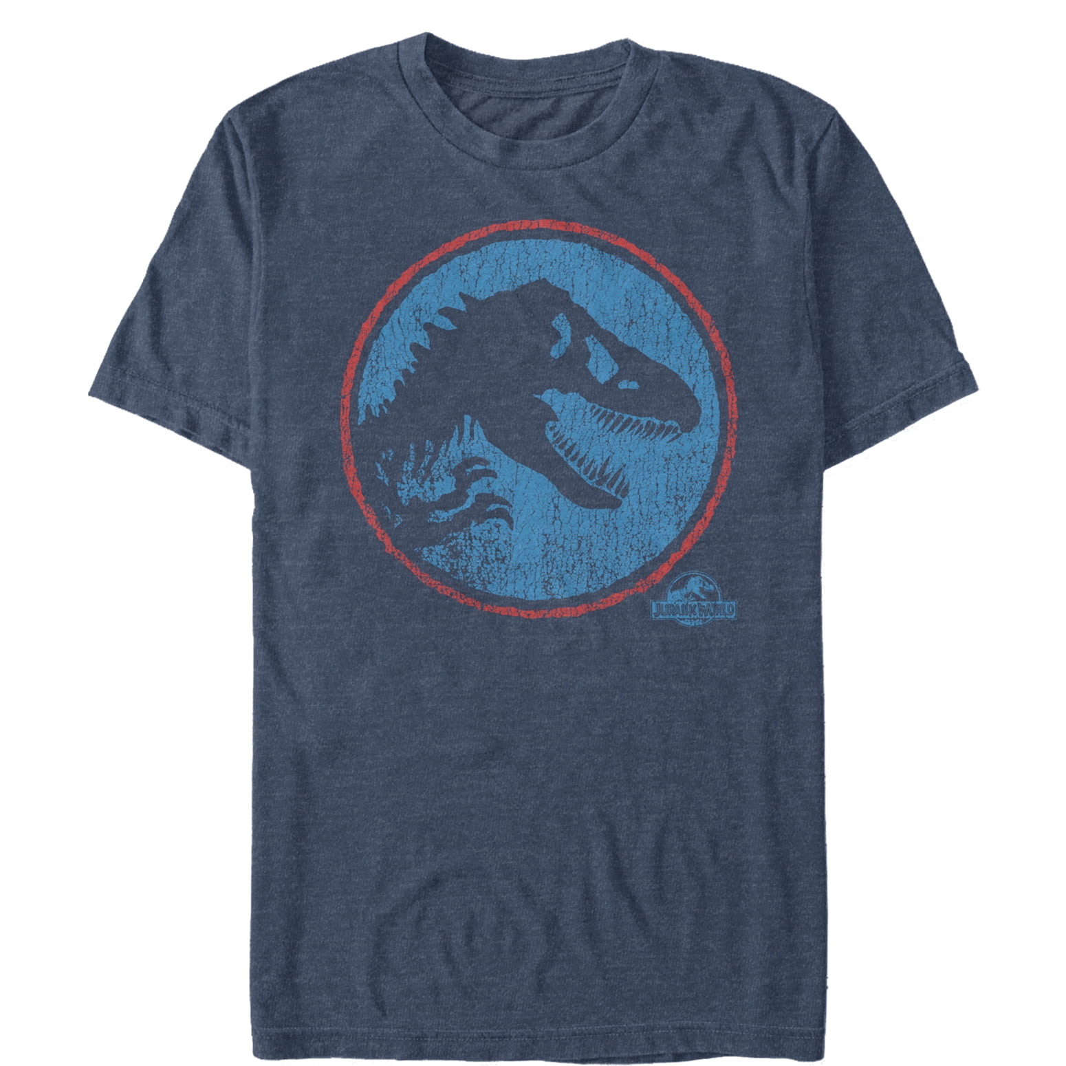 Men's Jurassic World Retro T. Rex Circle Graphic Tee Navy Blue Heather ...
