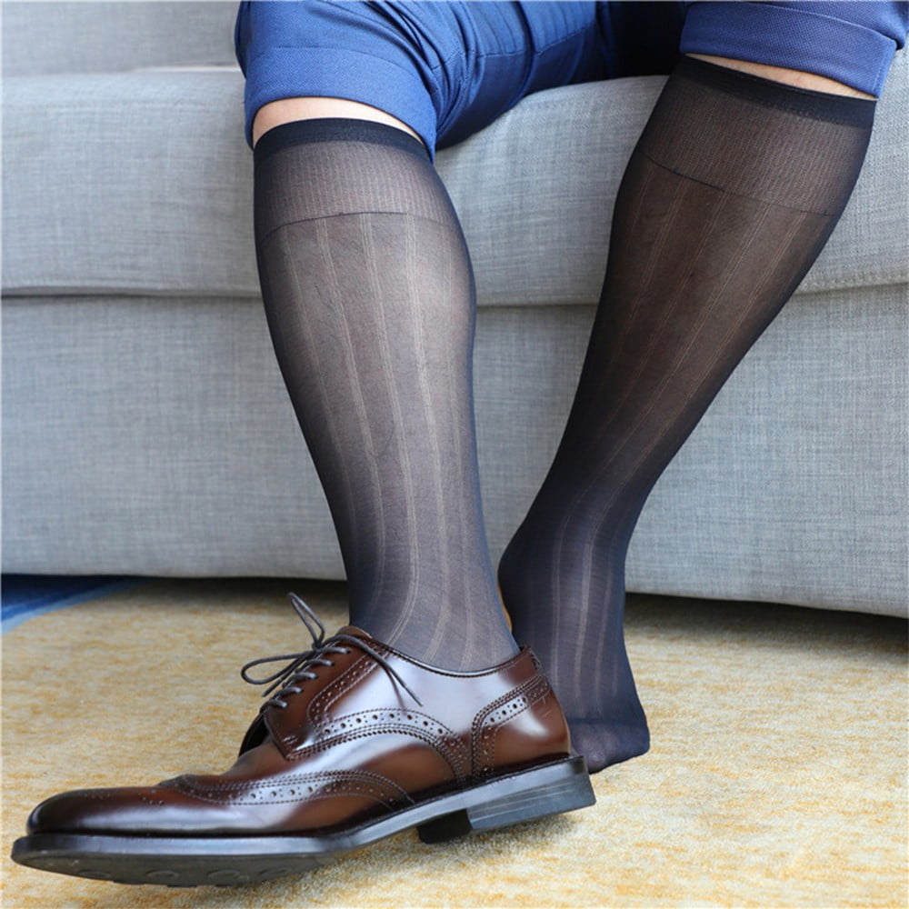 Men\'s Knee High Long Striped Dress Silk Sheer Socks Transparent ...