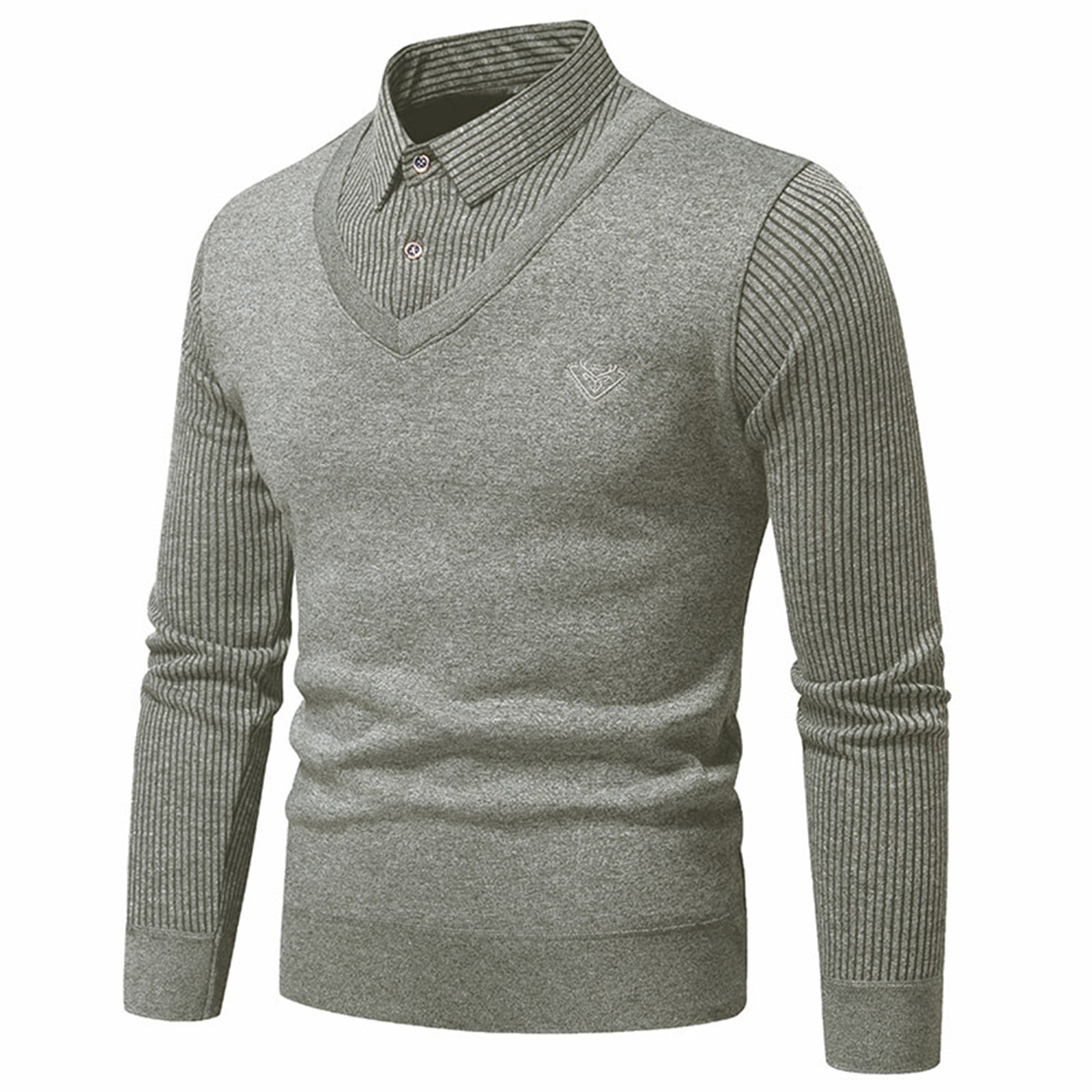 Men's Knit Sweater Fake Two-Piece Pullover Soft Touch V-Neck Sweatshirt ...