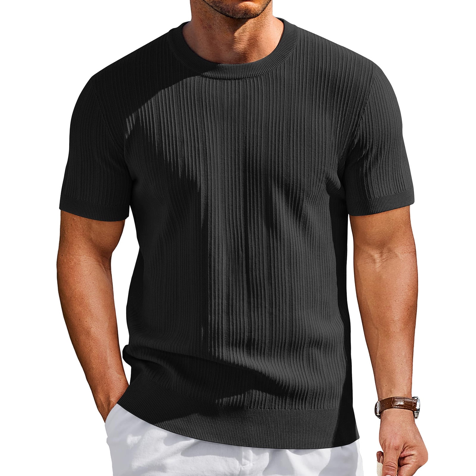 Men's Knit T-Shirts Short Sleeve Casual Ribbed Shirts Lightweight ...