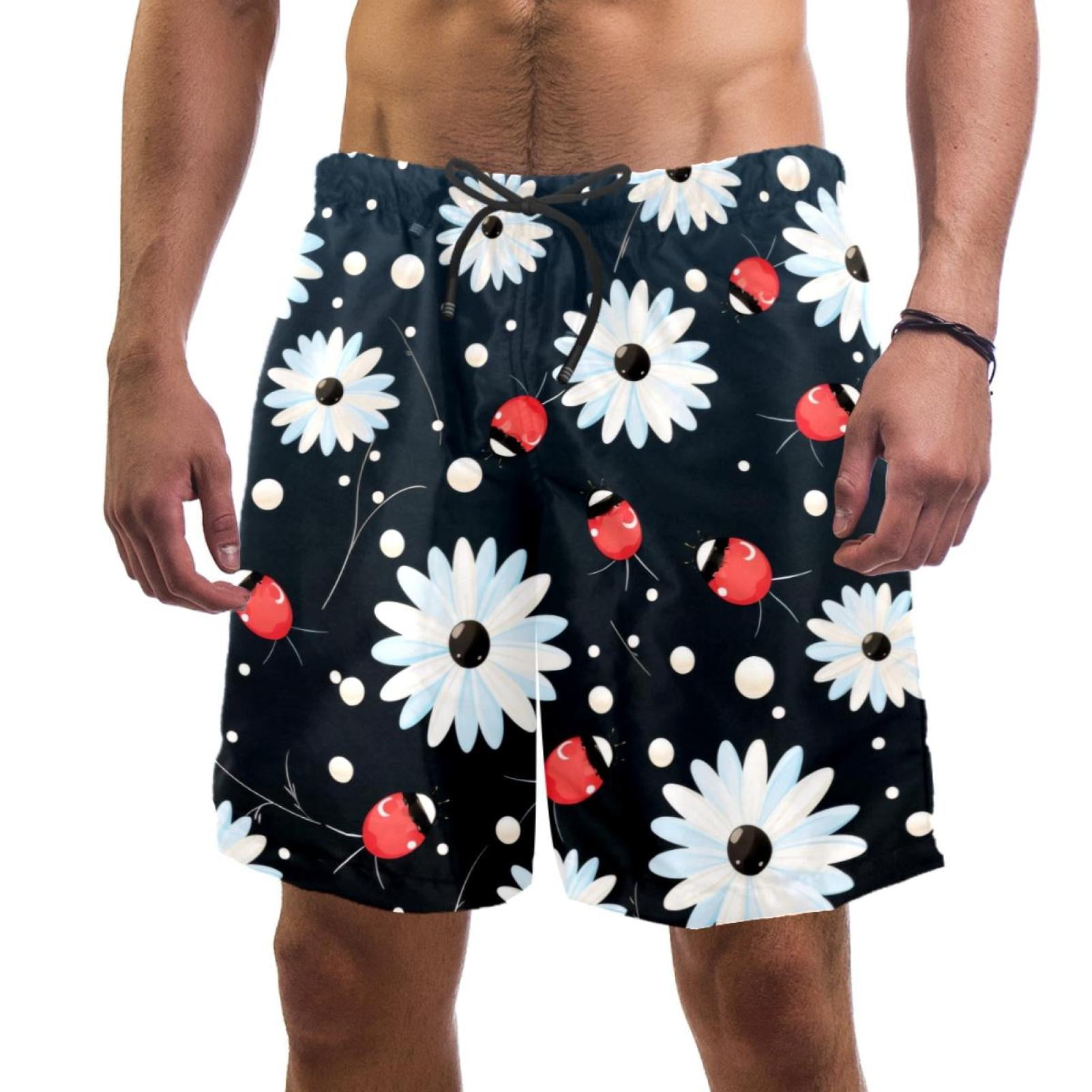 Mens Ladybug Daisy Flower Swim Trunks Quick Dry Board Shorts Bathing