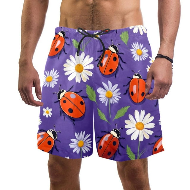 Mens Ladybugs Daisies Purple Swim Trunks Quick Dry Board Shorts