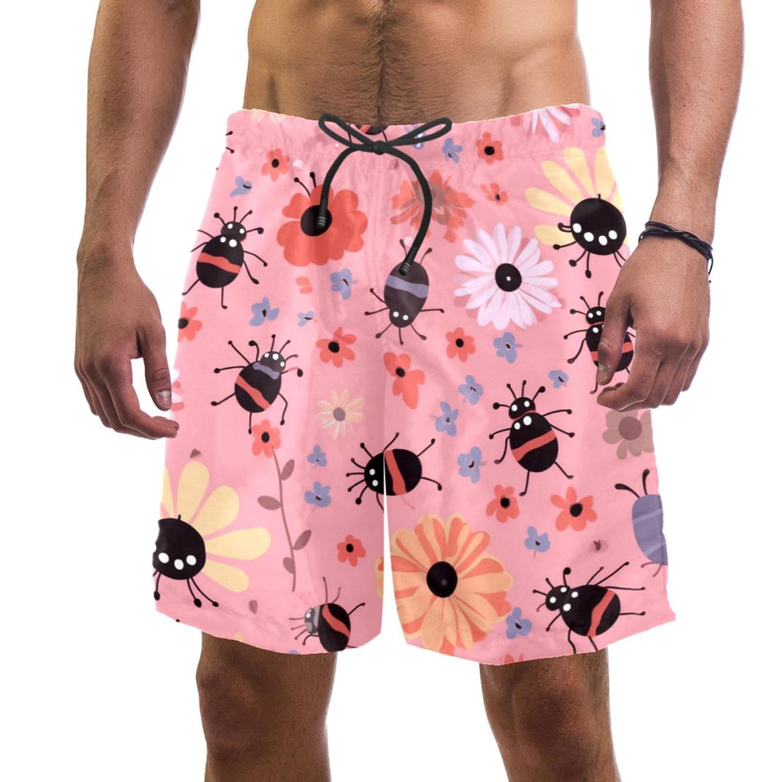 Mens Ladybugs Flower Pink Swim Trunks Quick Dry Board Shorts Bathing