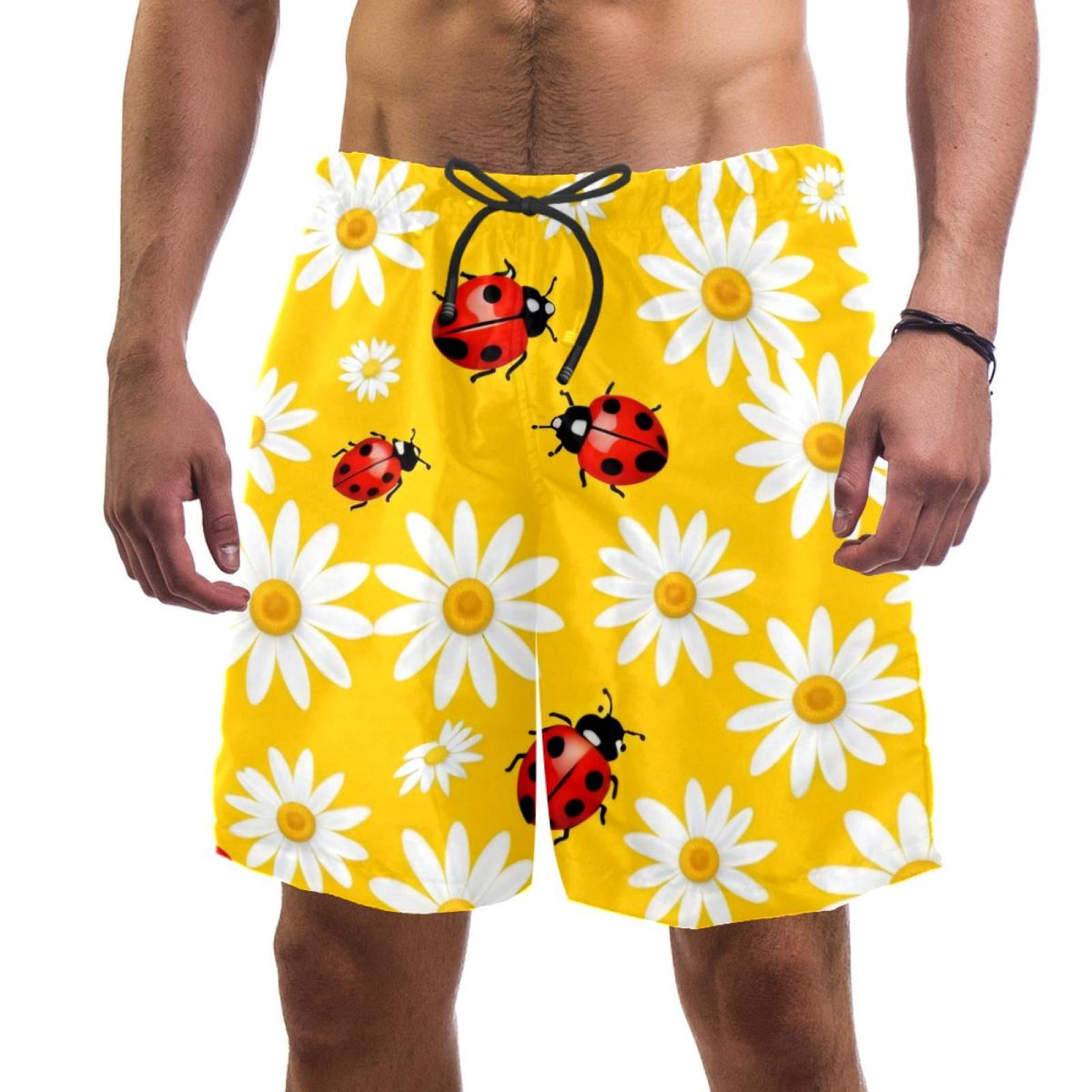 Mens Ladybugs Flowers Yellow Swim Trunks Quick Dry Board Shorts