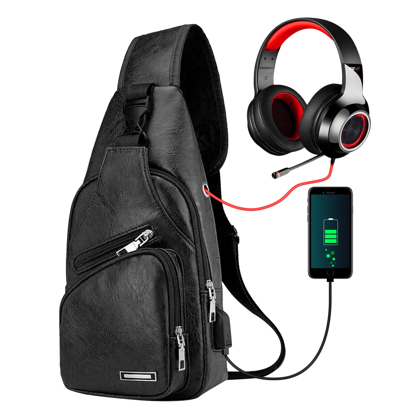 Men's Leather Backpack, EEEkit Waterproof Chest Bag with USB Charging ...