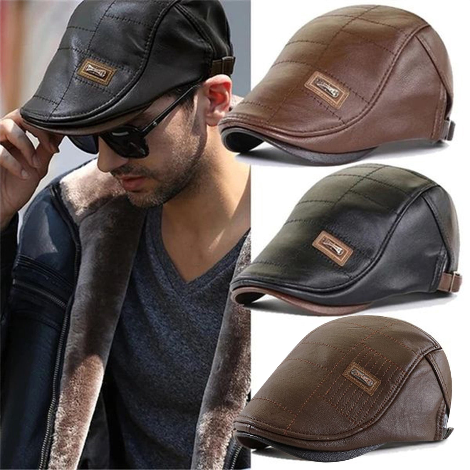 Men's Leather Beret, Adjustable Newsboy Hat in Premium Cowhide, Vintage ...