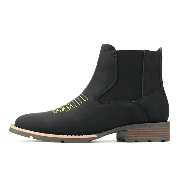 Men's Leather Chelsea Boots, Slip-On Elastic Side Yellow Embroidered ...